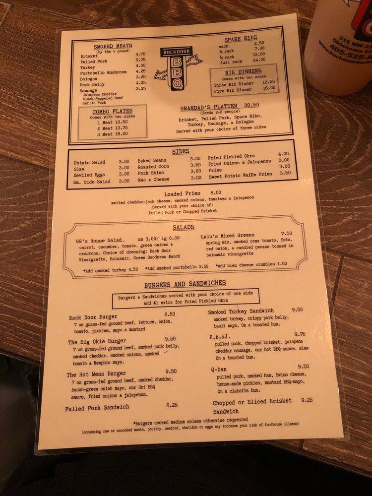 Menu at Back Door BBQ, Oklahoma City