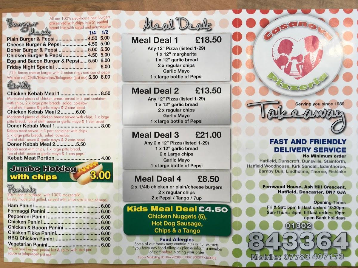 Menu at Casanova Pizzeria, Doncaster