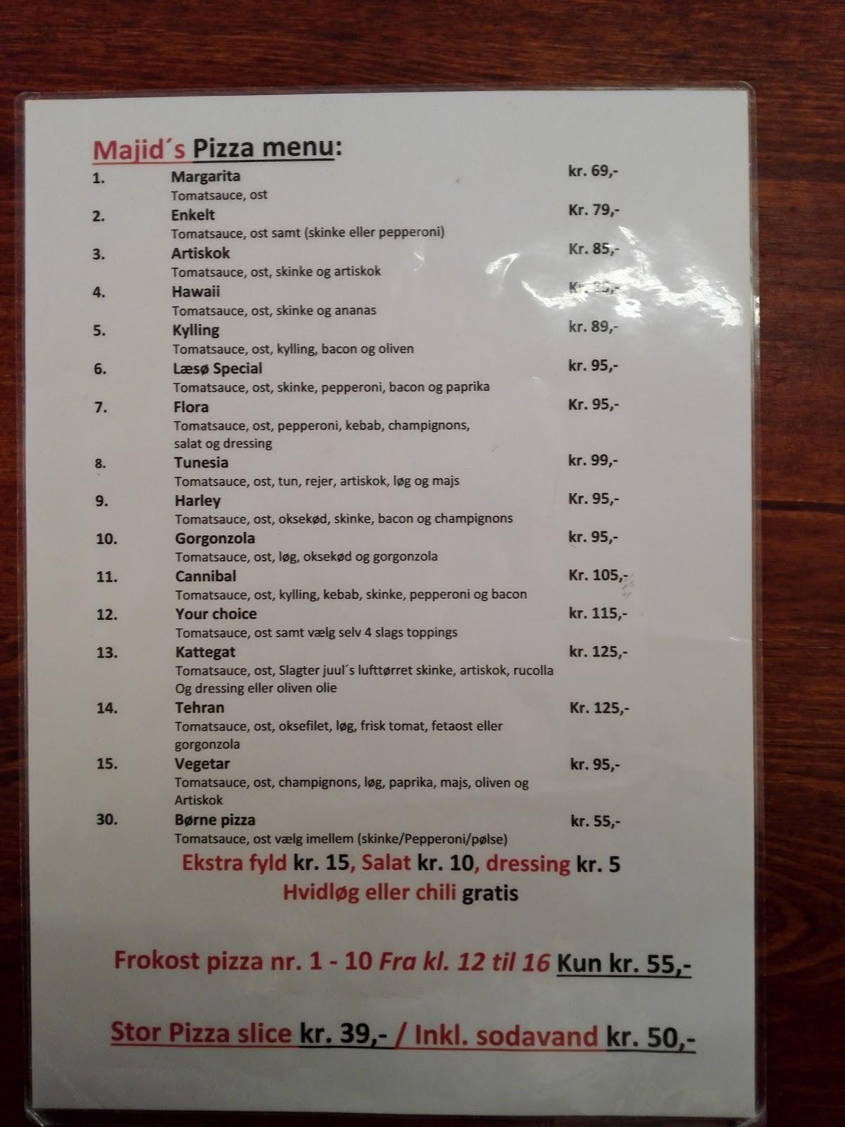 Menu at Majids Pizzaria restaurant, Denmark