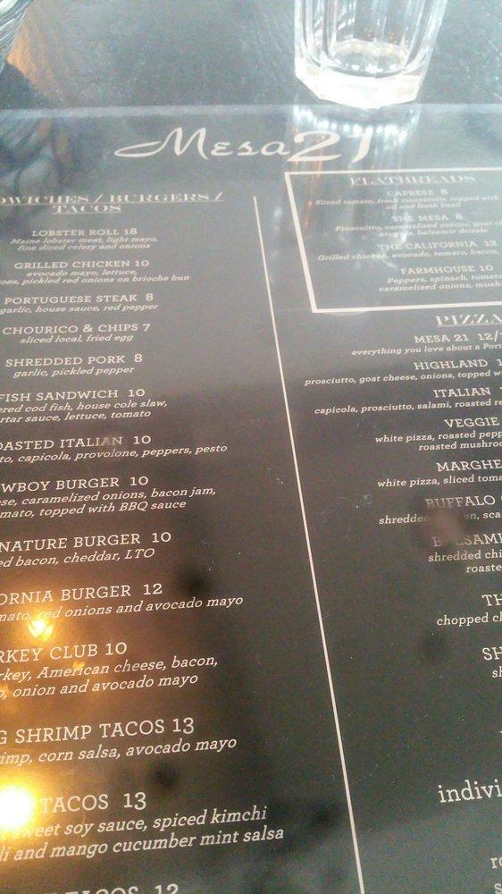 Menu at Mesa 21 pizzeria, Fall River
