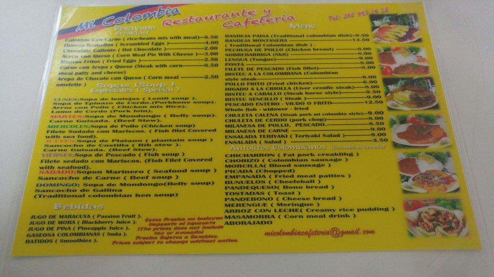 Menu at Mi Colombia cafeteria Miami Beach, Miami Beach