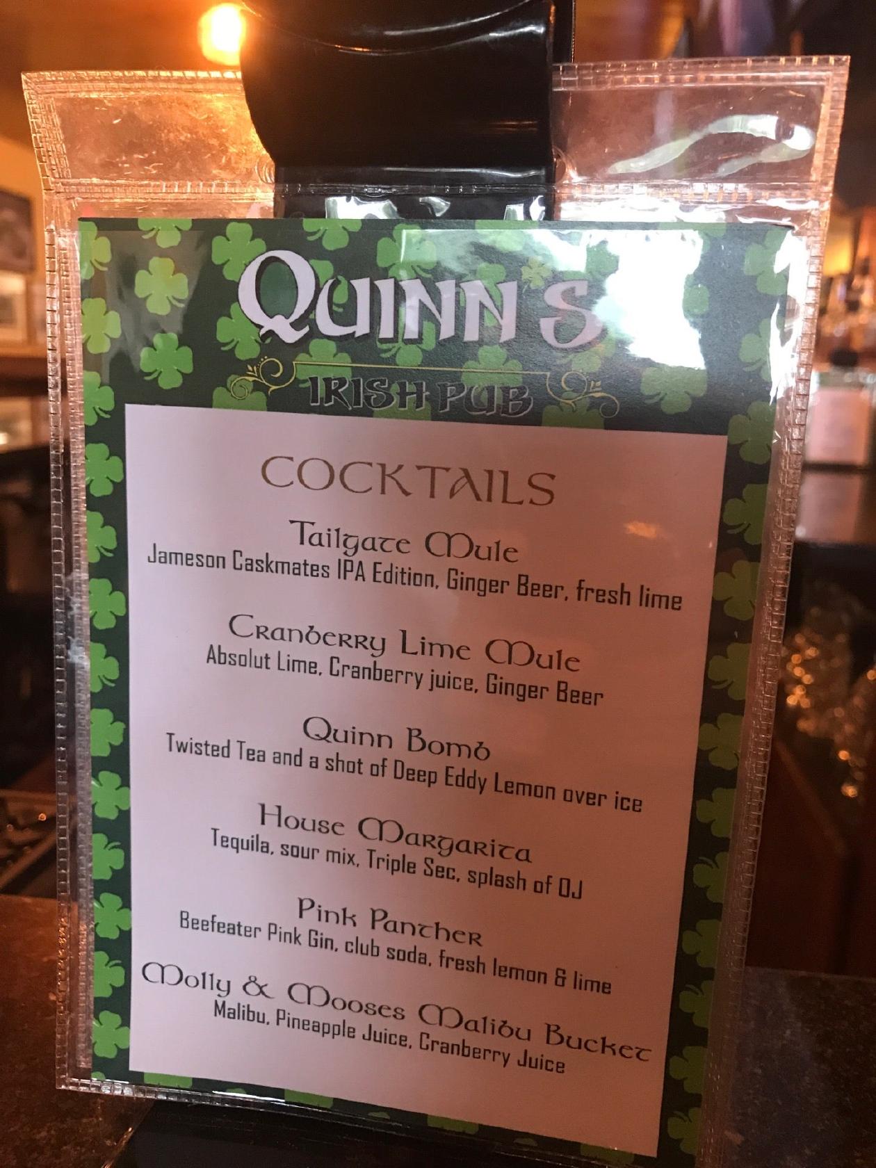Menu at Quinn’s Irish Pub, Worcester, 715 W Boylston St