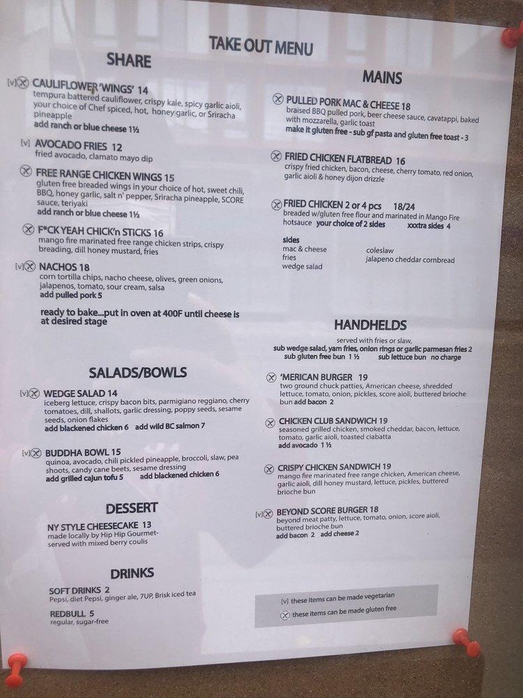Menu at Score on King pub & bar, Toronto