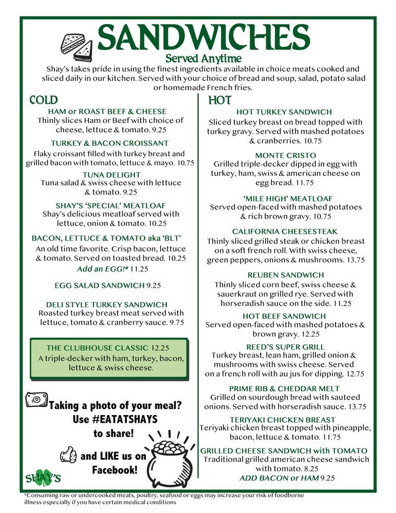 Menu at Shay's Restaurant, Shoreline