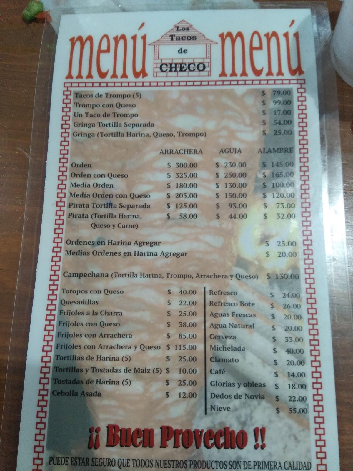 Carta del restaurante Tacos Checo, Saltillo