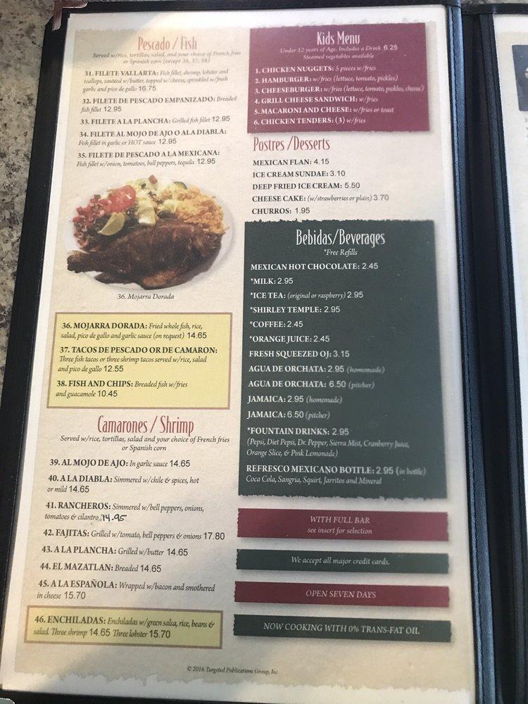 Menu at Vallarta Restaurant, Fillmore