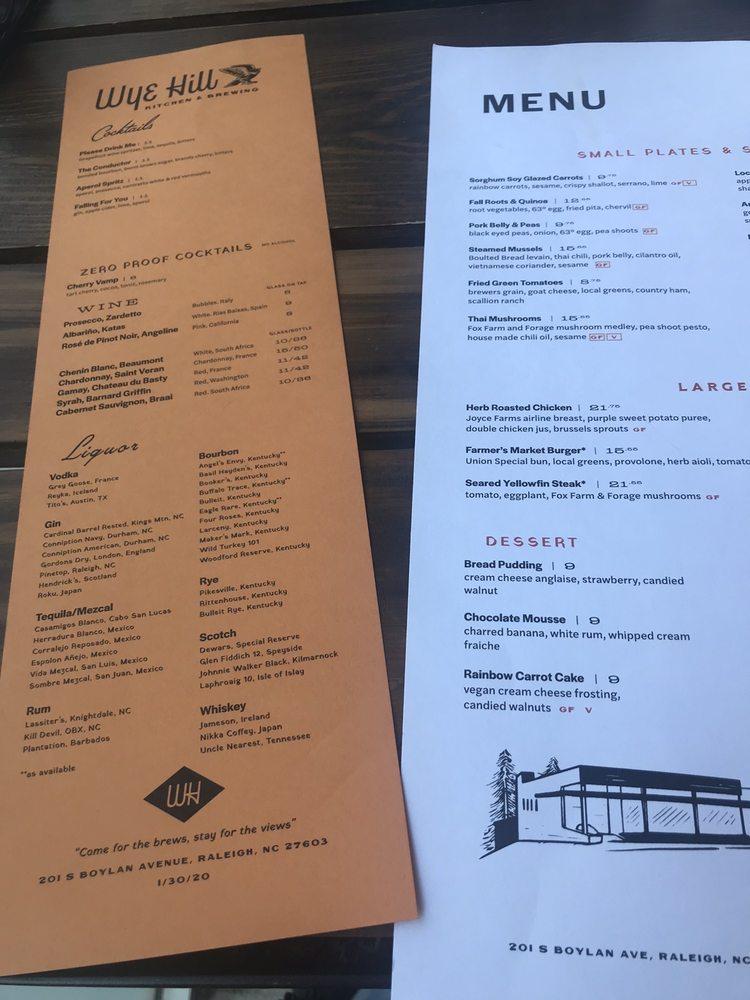 Menu at Wye Hill Kitchen & Brewing pub & bar, Raleigh