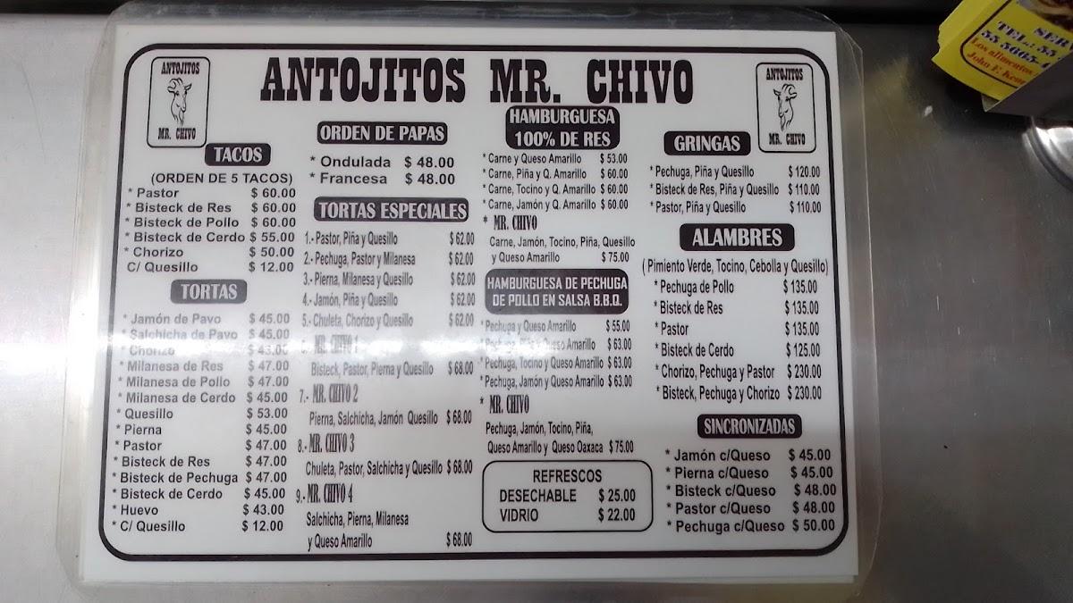 Menu at ANTOJITOS Mr. CHIVO restaurant, Mexico City