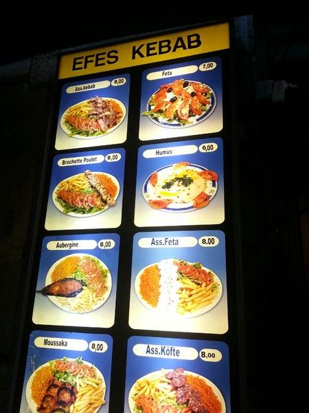 Menu at Efes Kebab restaurant, Bordeaux