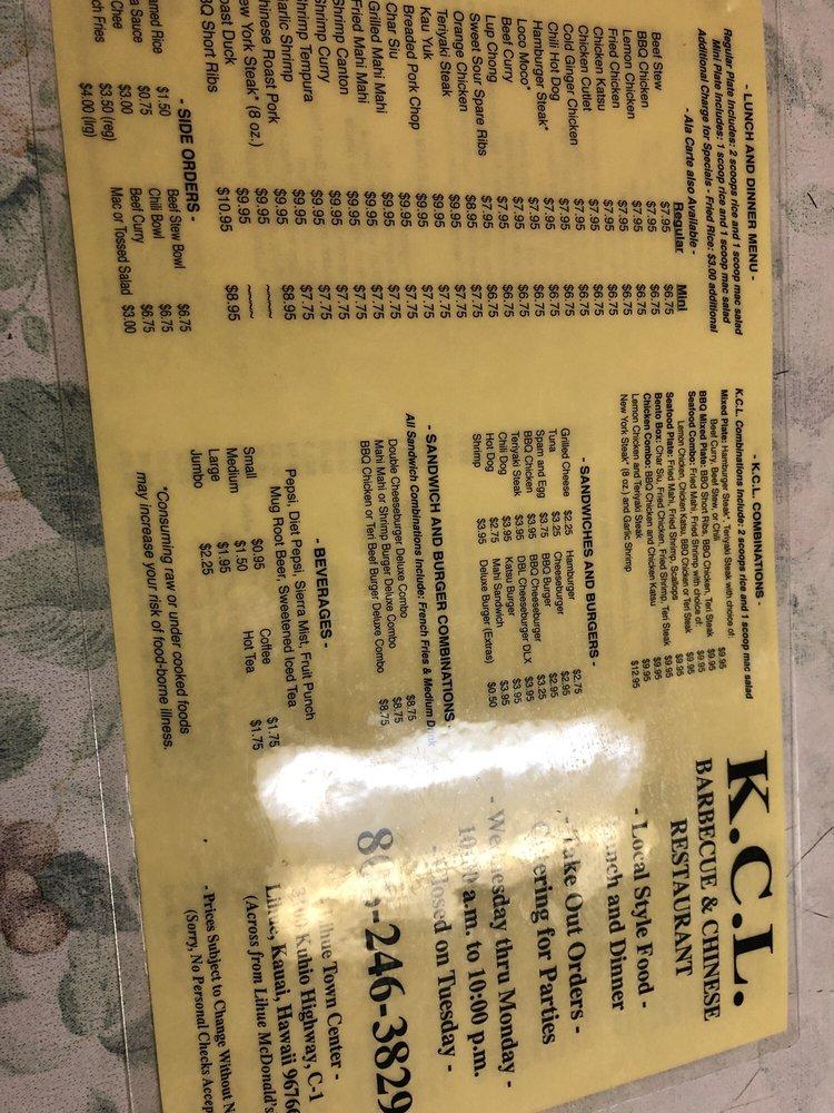Menu at KCL Barbecue & Chinese Restaurant, Lihue, 3-3100 Kuhio Hwy # 3100C