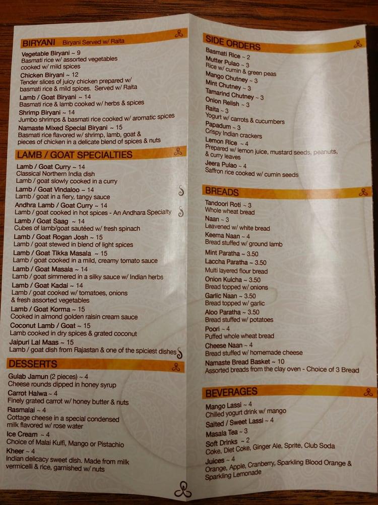 Menu at Namaste restaurant, New York City, 31-15 30th Ave.