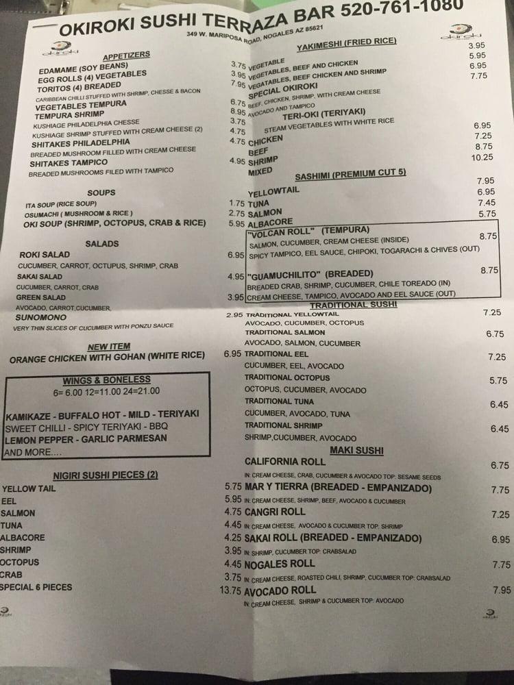 Menu at OKIROKI SUSHI WINGS restaurant, Nogales