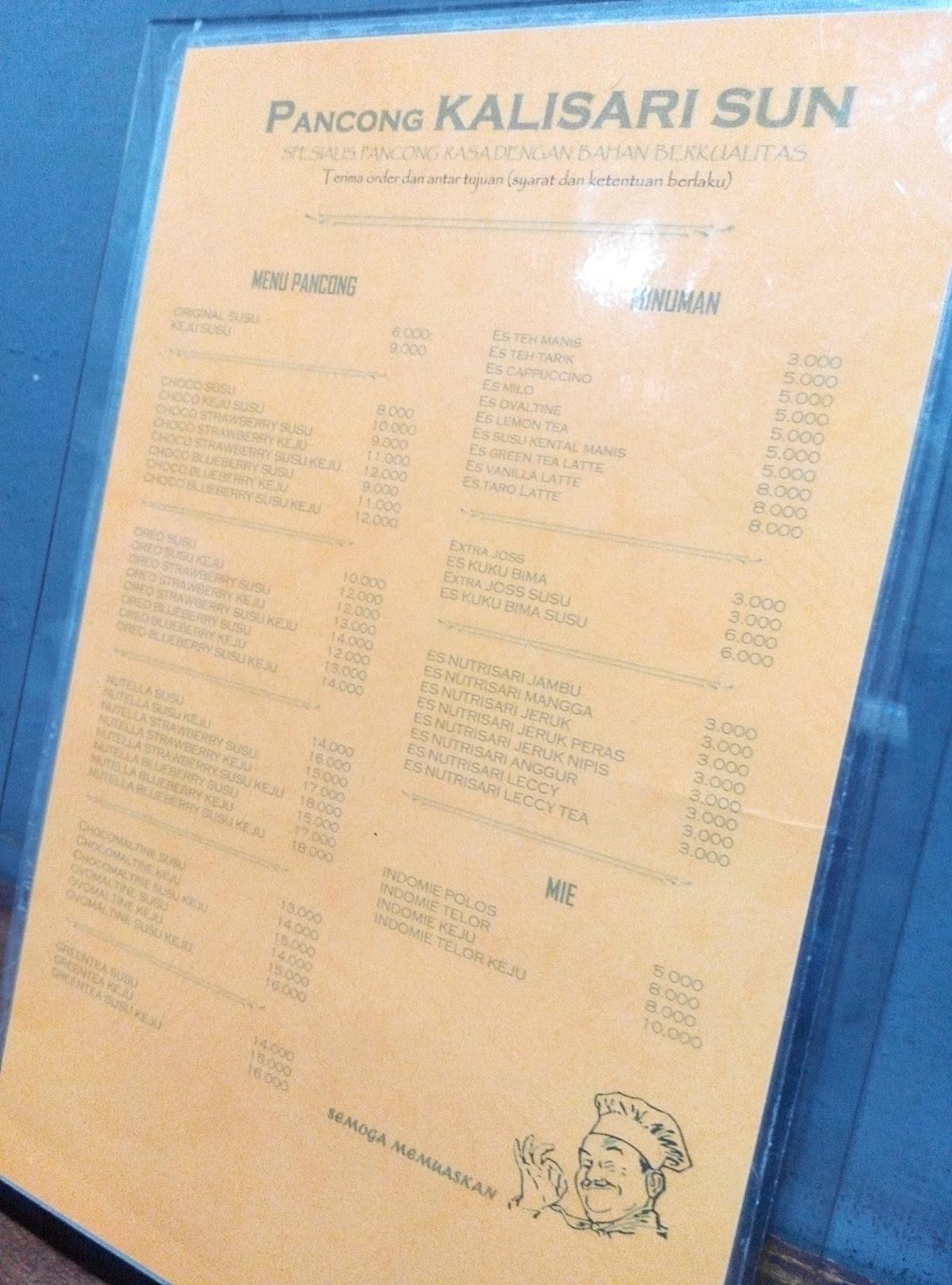 Menu at Pancong Kalisari Sun cafe, East Jakarta