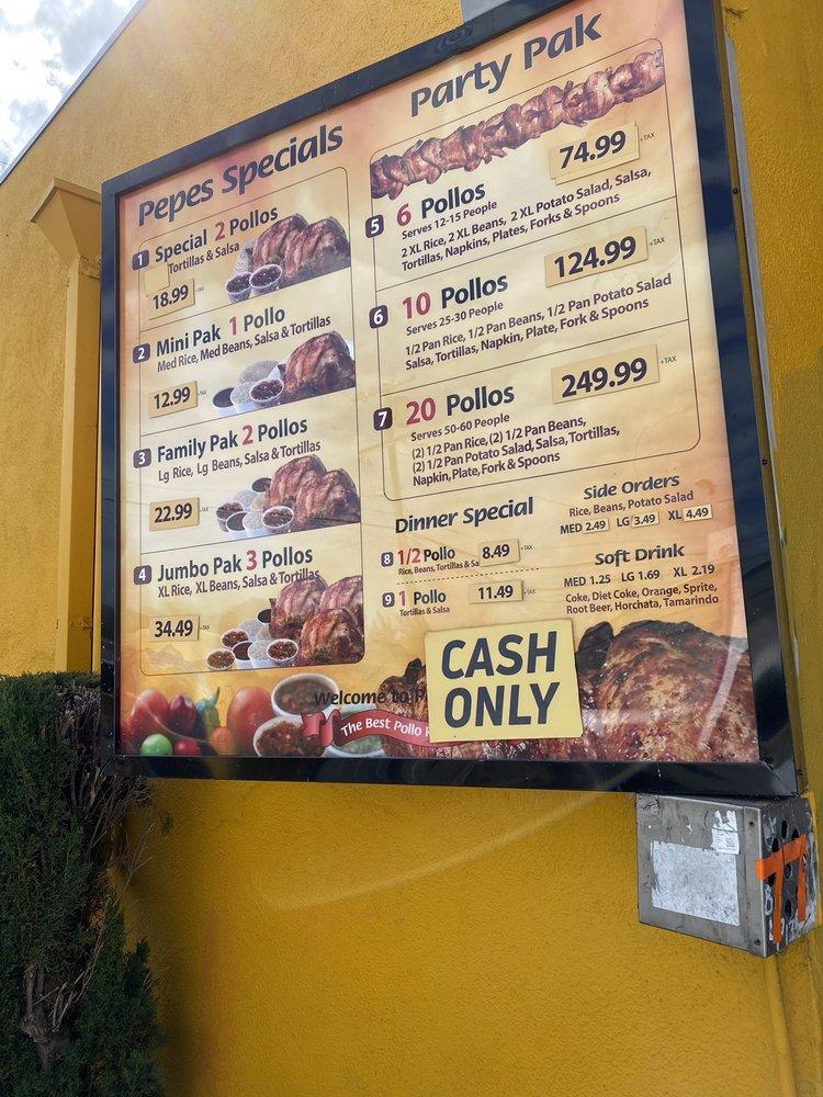 Menu at Pepe's Pollo restaurant, Lynwood