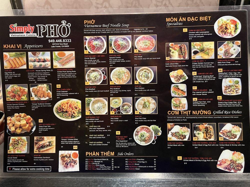 Menu at Simply Pho restaurant, Lake Forest