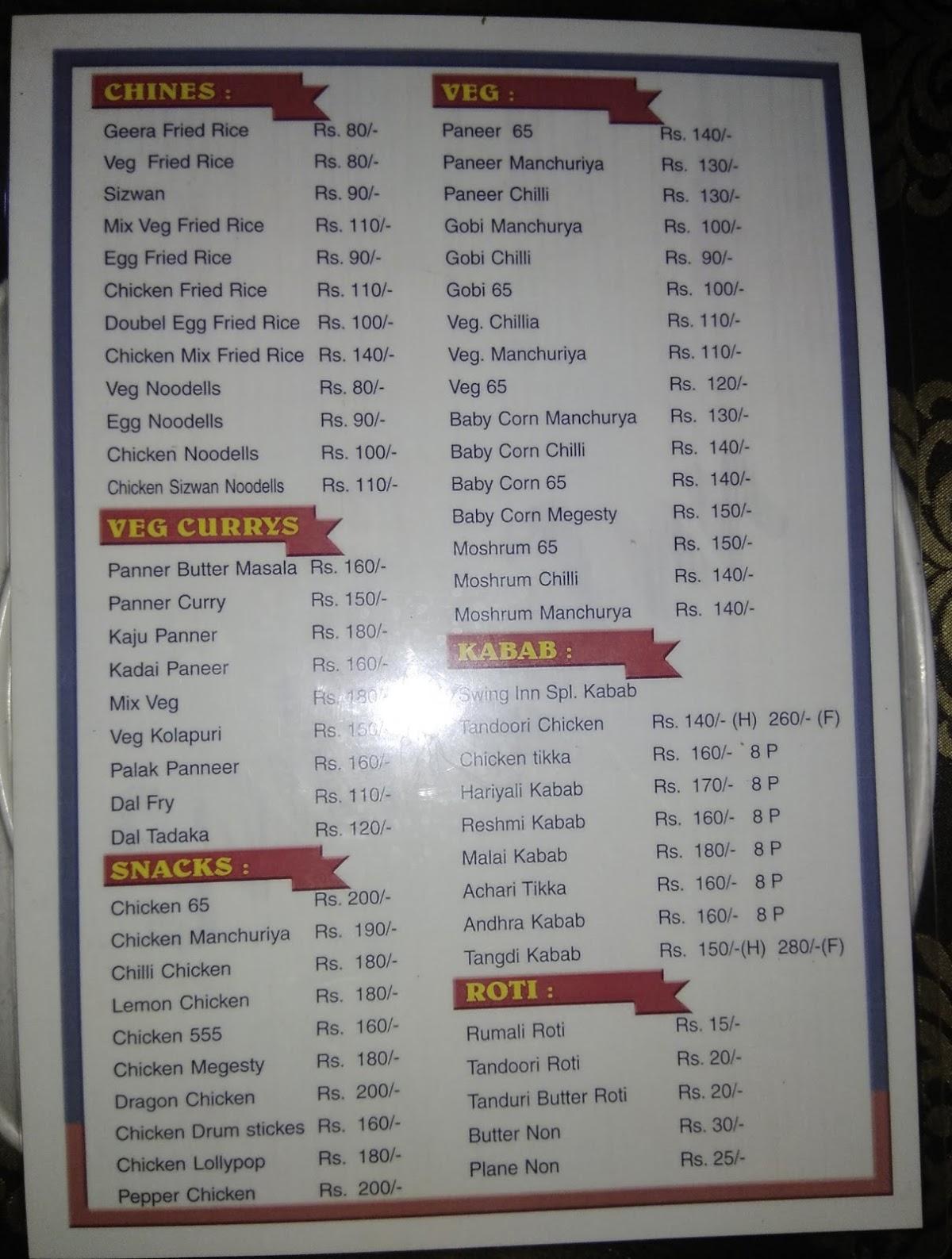Menu at Swing Inn, Hanamkonda