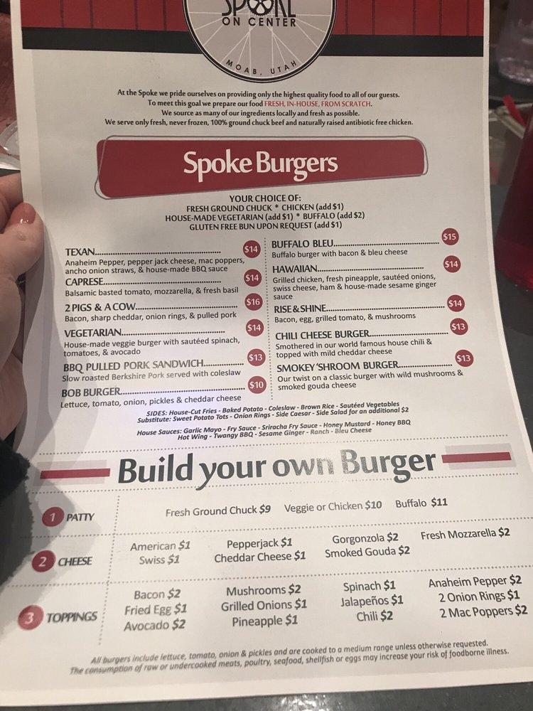 Menu at The Spoke on Center restaurant, Moab