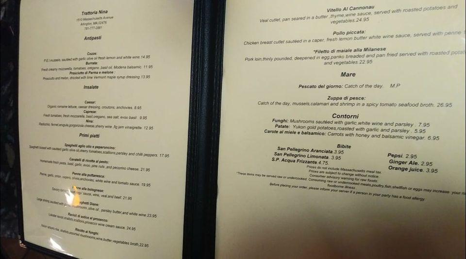 Menu at Trattoria Nina restaurant, Arlington