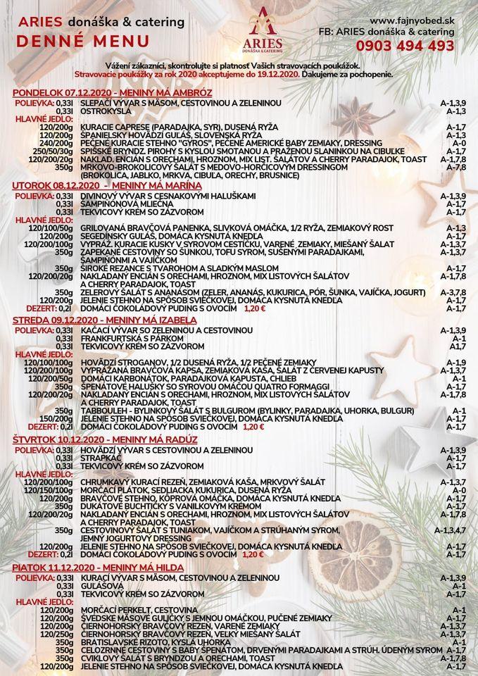 Menu at ARIES donáška & catering restaurant, Košice