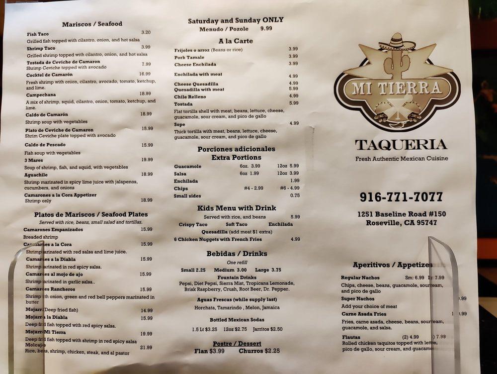 Menu at Mi Tierra Taqueria restaurant, Roseville