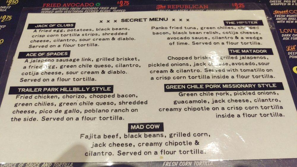 Menu at Torchy's Tacos restaurant, Fort Collins
