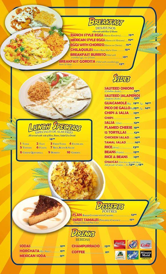 Menu at Universal Tamal restaurant, Goshen