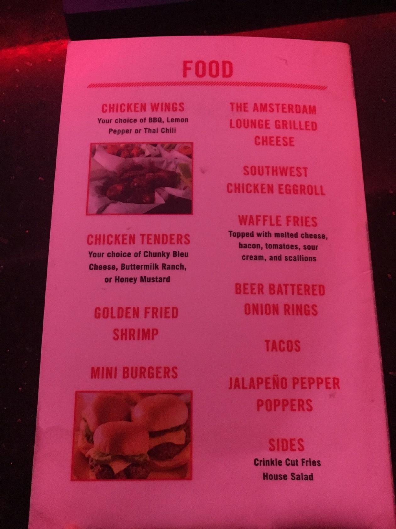 Menu at Amsterdam Lounge pub & bar, Washington