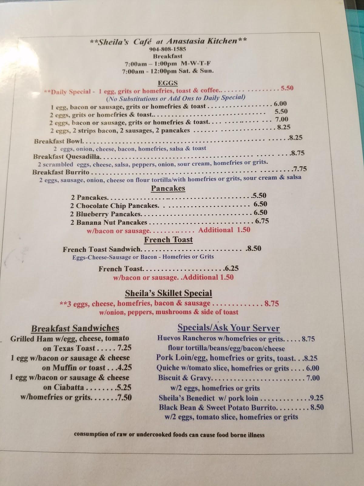 Menu at Anastasia Kitchen restaurant, St. Augustine