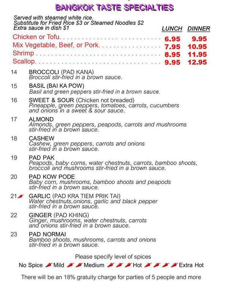 Menu at Bangkok Taste restaurant, Georgetown Township