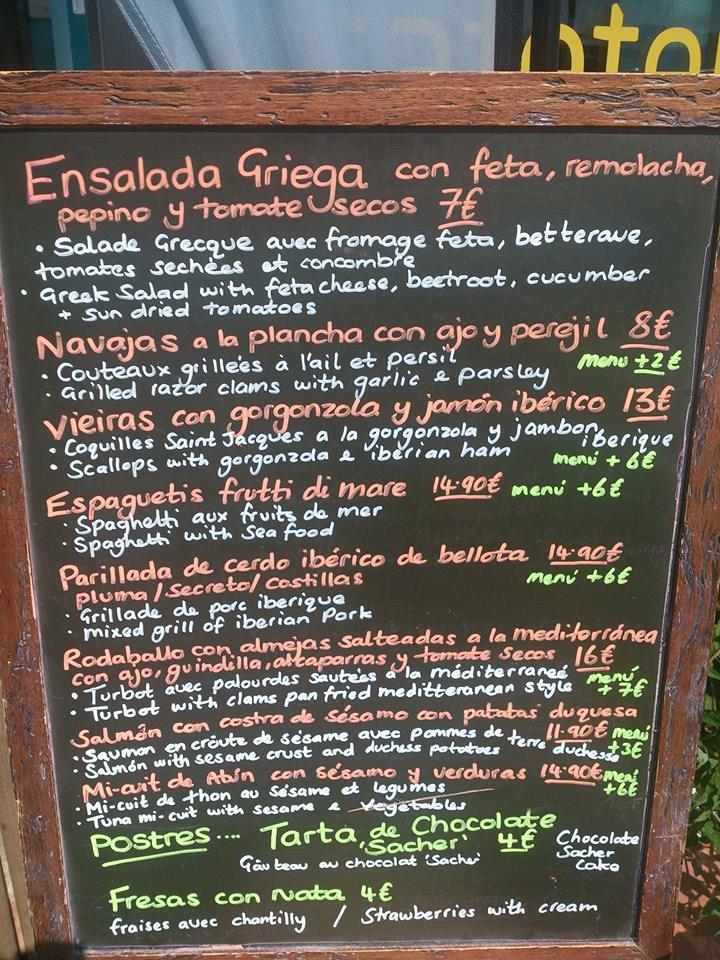 Menu at Blue Sky bar, Empuriabrava, Avinguda de Joan Carles I