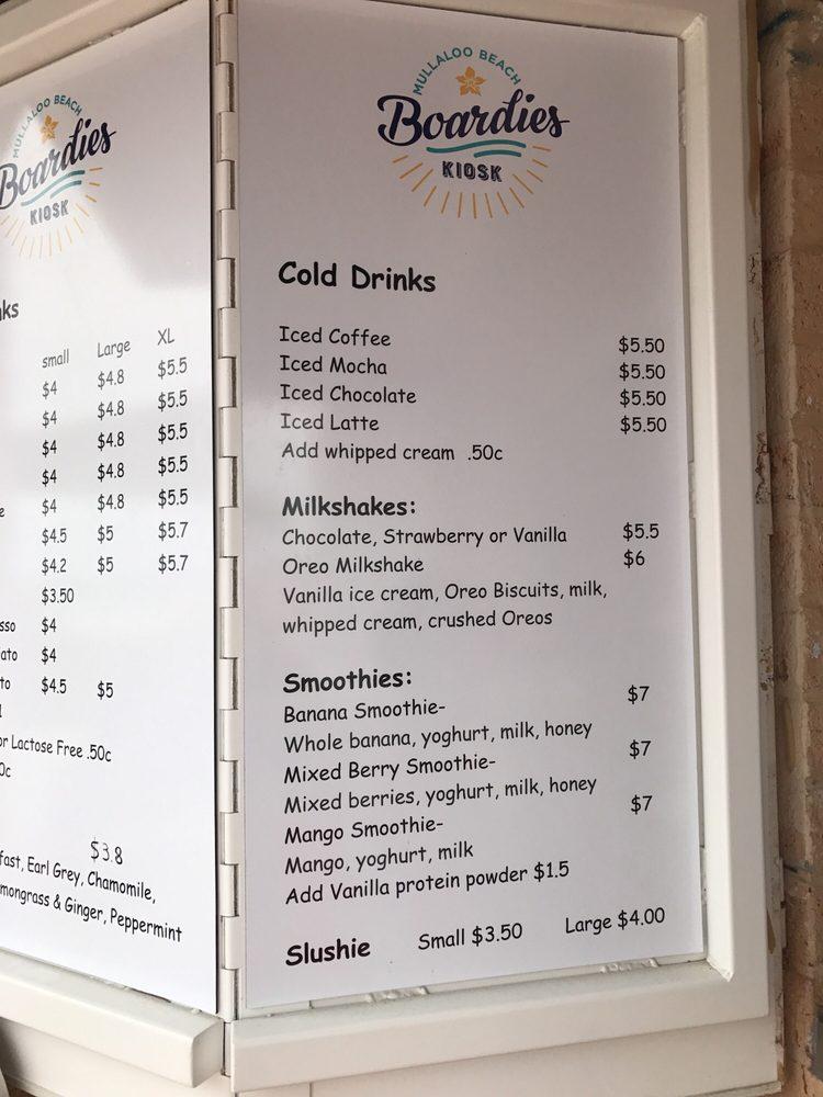 Menu at Boardies Kiosk restaurant, Mullaloo