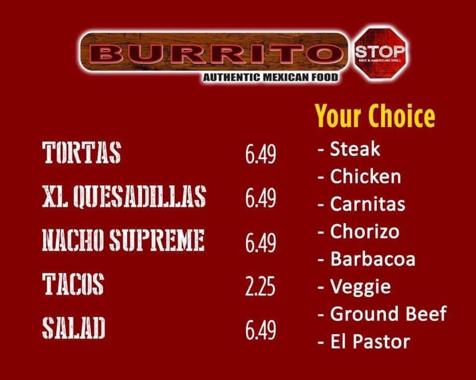 Menu at Burrito Stop Mex and American Grill restaurant, Whiting