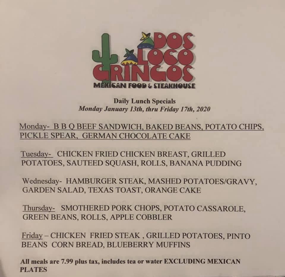 Menu at Dos Loco Gringos steakhouse, Hope