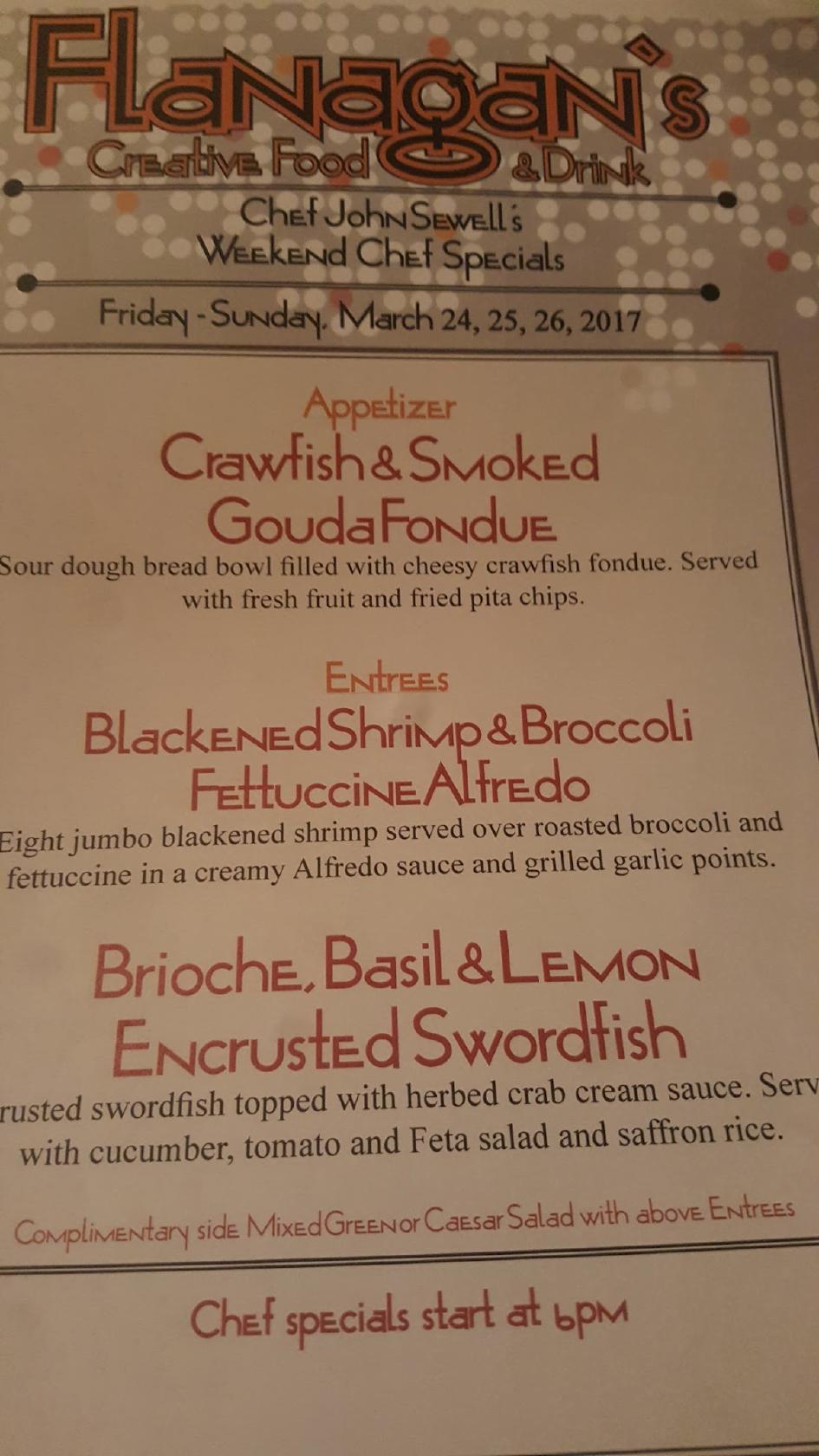Menu at Flanagan's Creative Food restaurant, Thibodaux