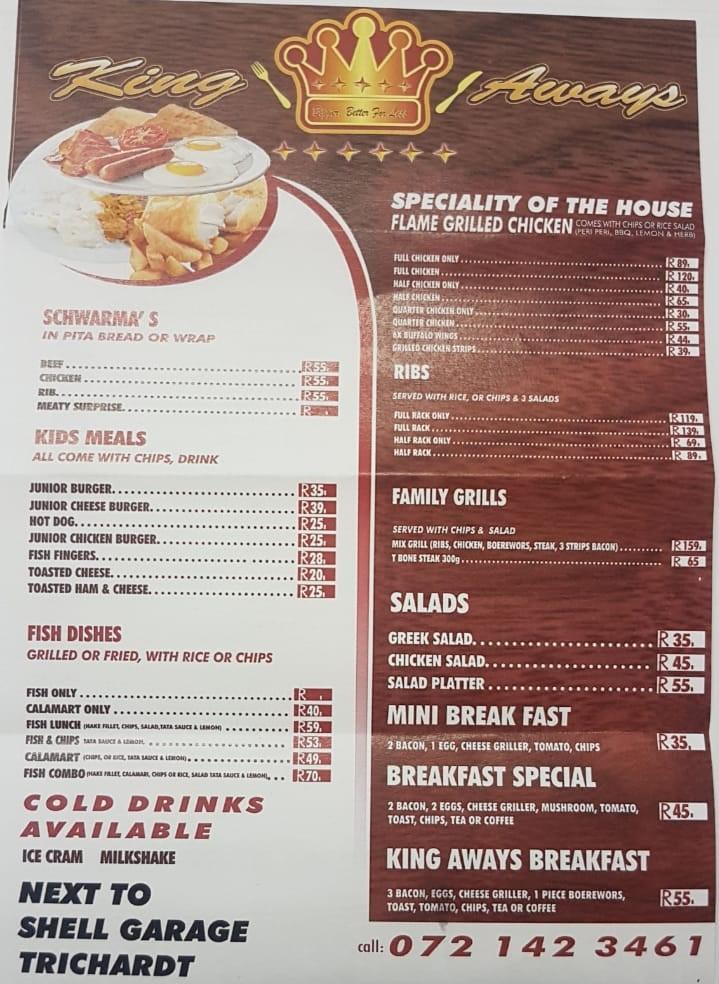 Menu at King aways restaurant, Trichardt