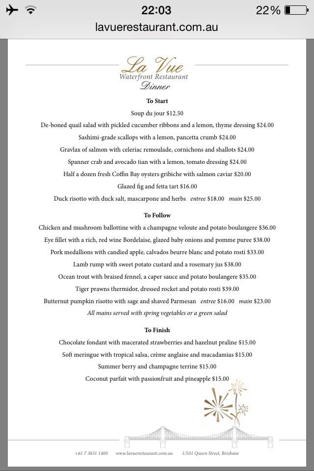 Menu at La Vue Waterfront Restaurant, Brisbane City