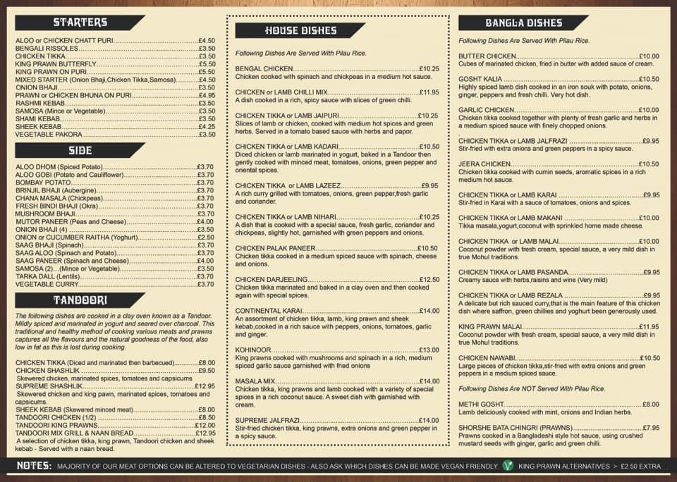 Menu at Little India restaurant, Henfield
