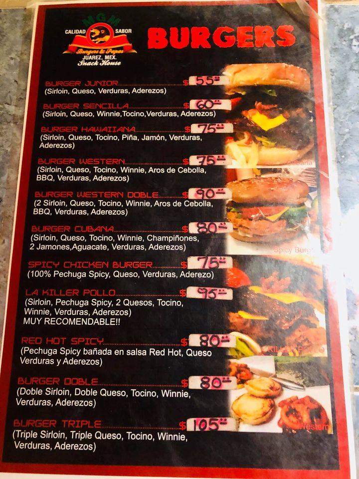 Carta del restaurante MGM Burgers & Papas, Ciudad Juarez
