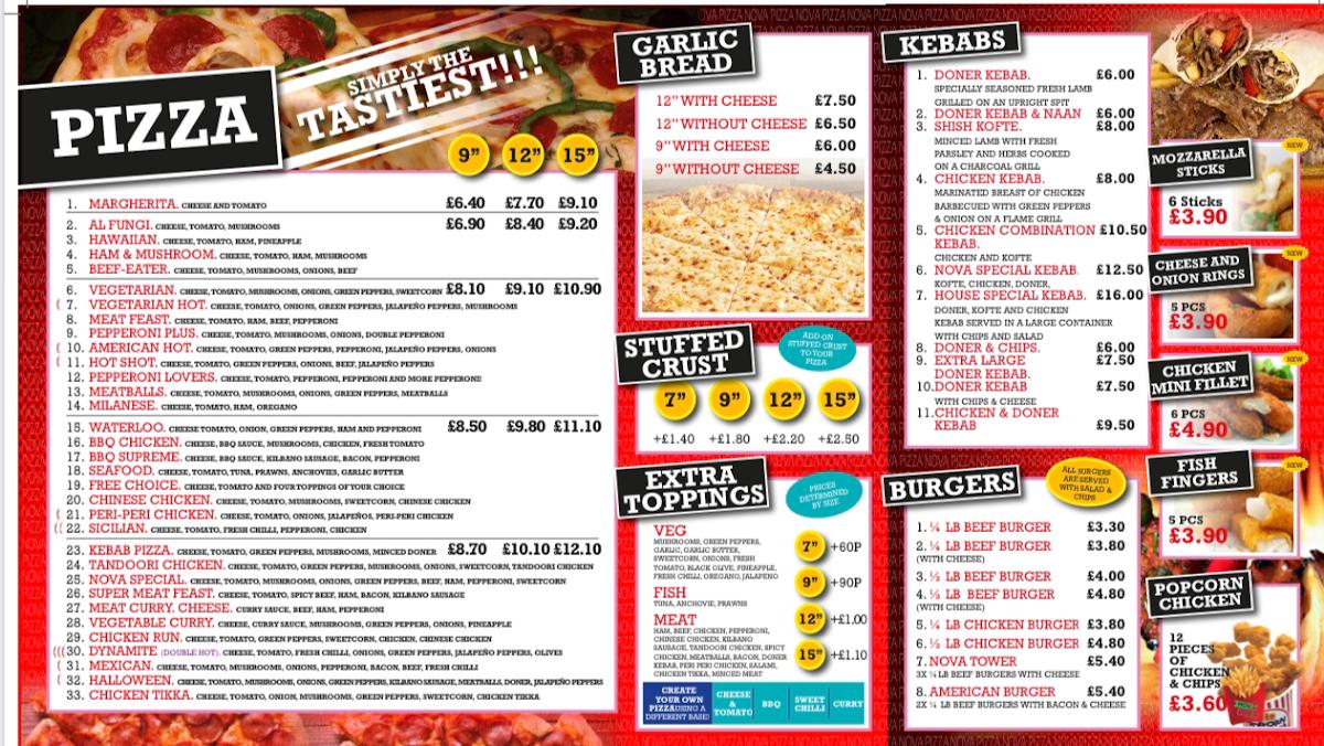 Menu at Nova Pizza pizzeria, Peterborough, 69 Manor Way