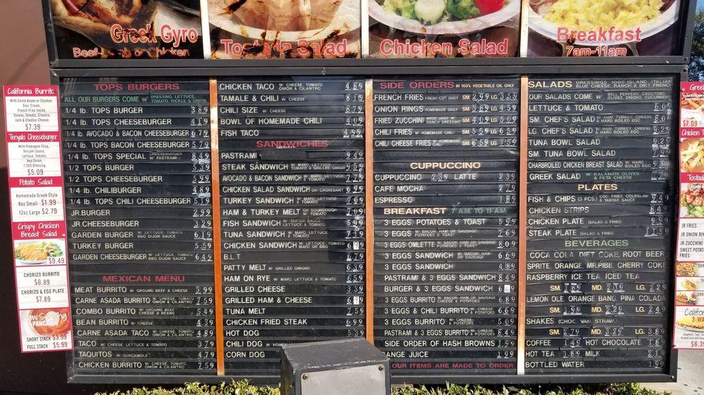 Menu at Tops fast food, Pasadena, E Walnut St