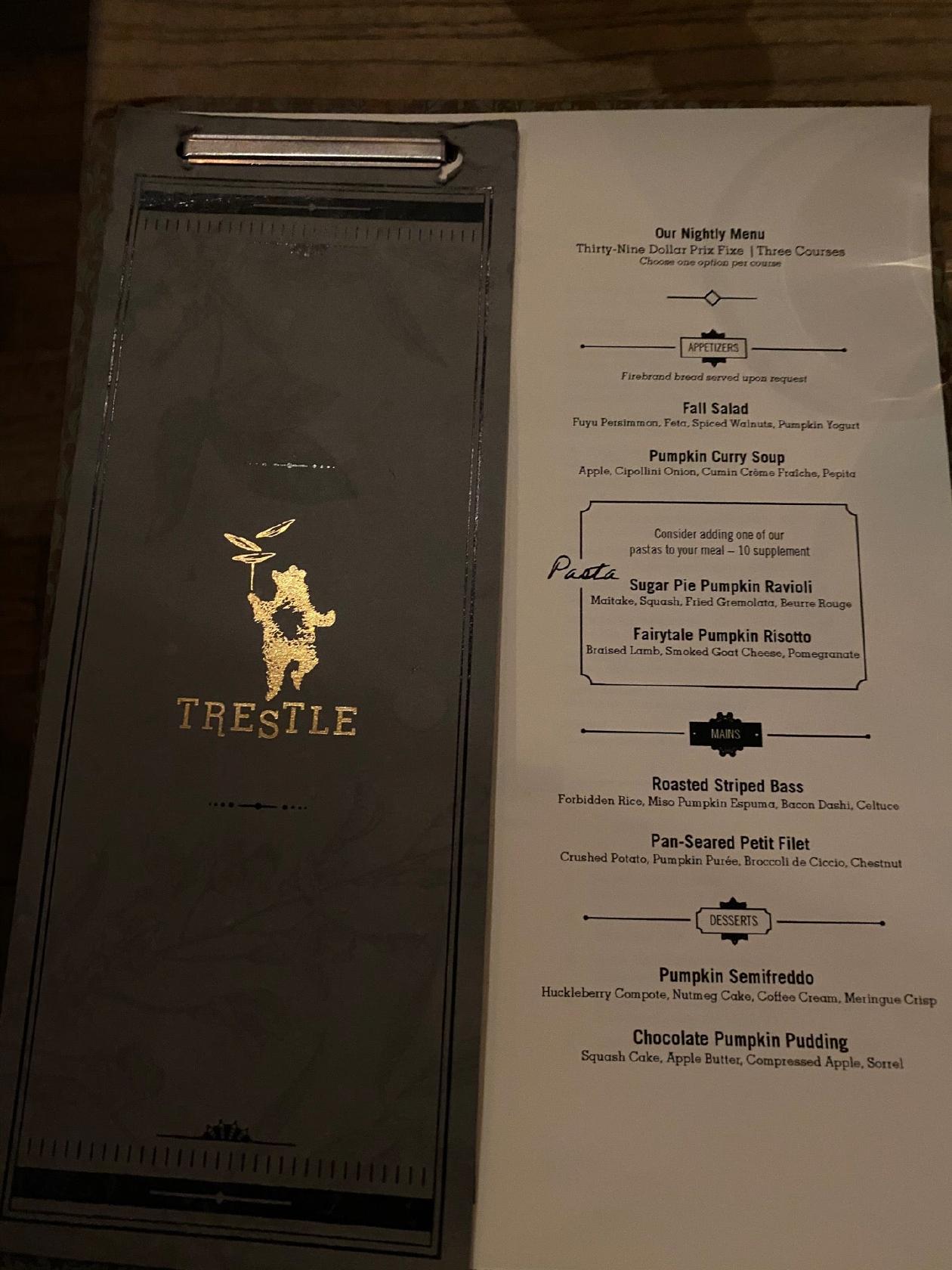 Menu at Trestle Restaurant, San Francisco