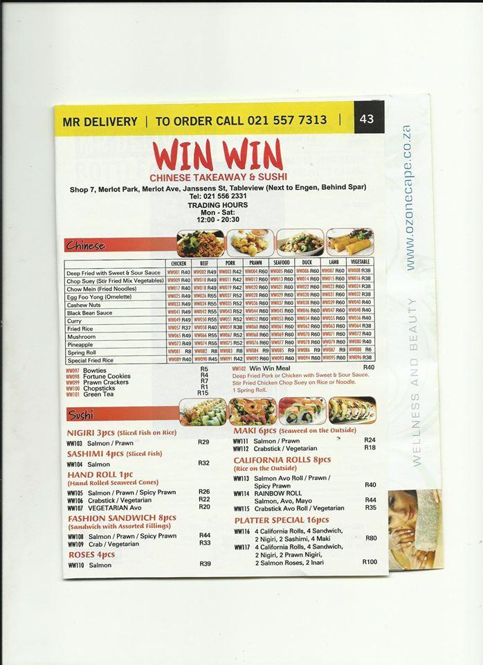 Menu at Win Win Chinese Take Away restaurant, Cape Town