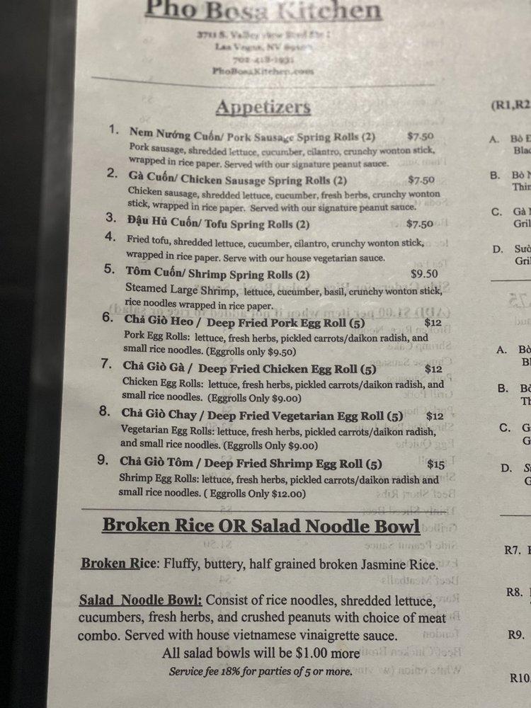 Carta de Bosa Boba Cafe, Las Vegas