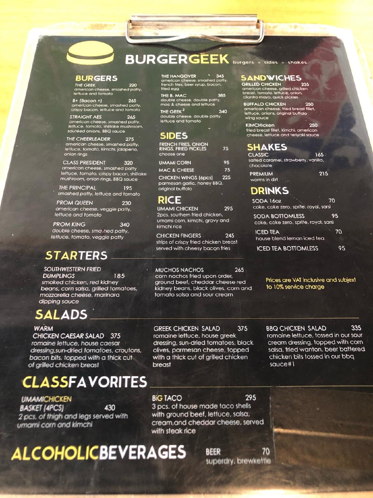 Menu at Burger Geek restaurant, Muntinlupa