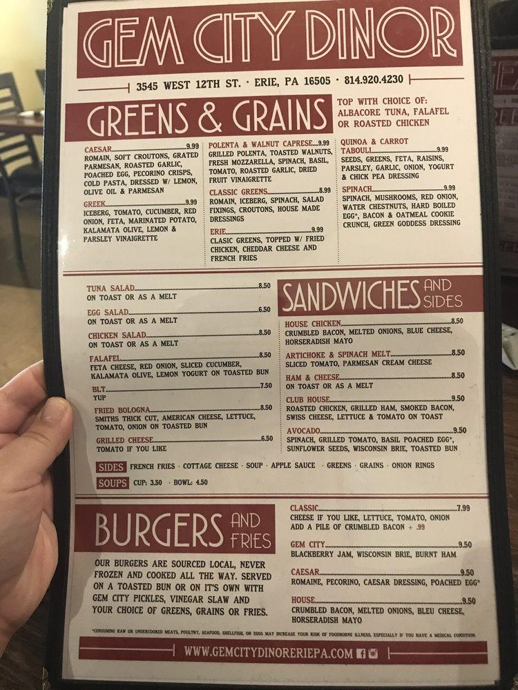 Menu at Gem City Dinor restaurant, Erie