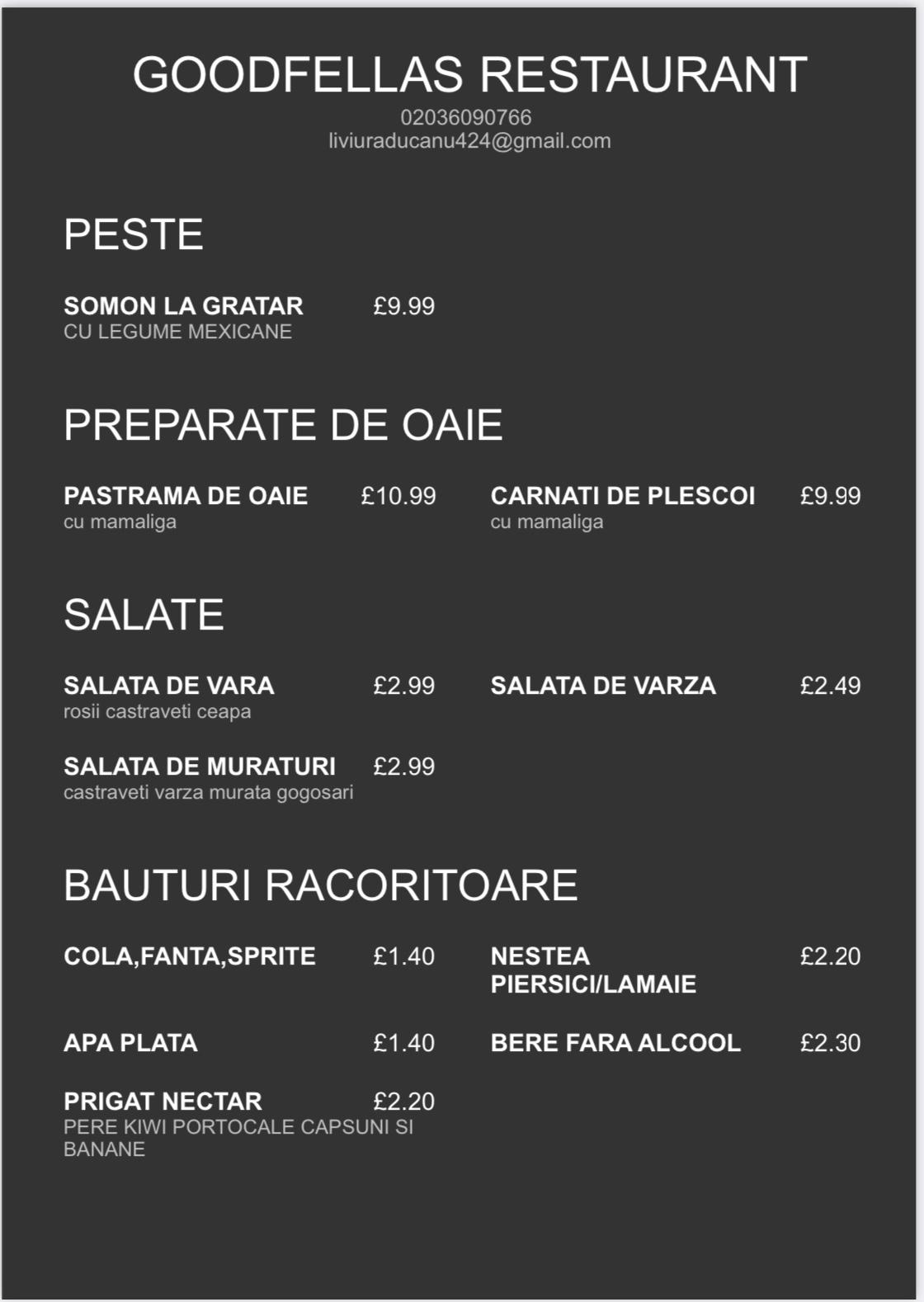 Menu at Goodfellas restaurant, Harrow