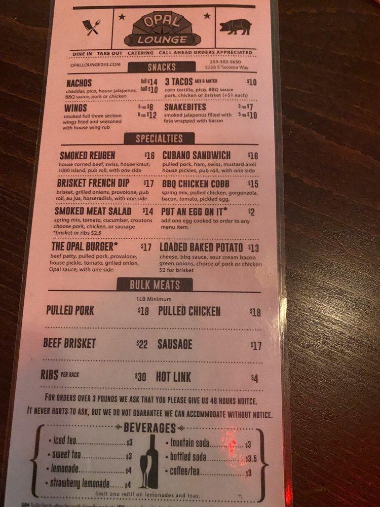 Menu at Opal Lounge pub & bar, Tacoma