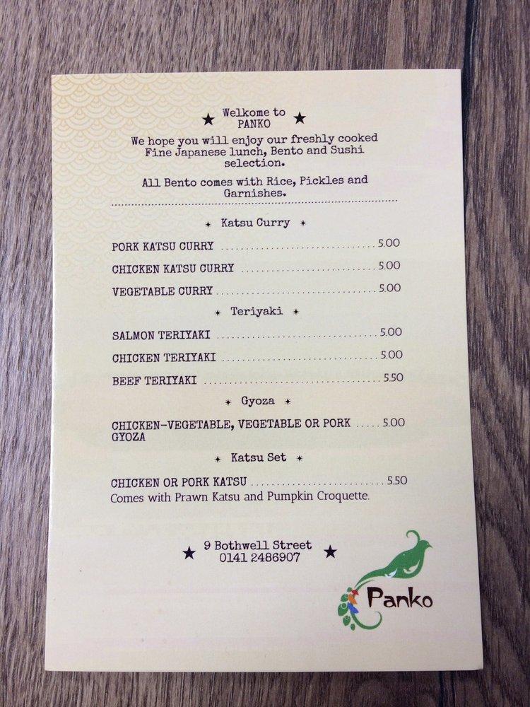 Menu at Panko cafe, Glasgow