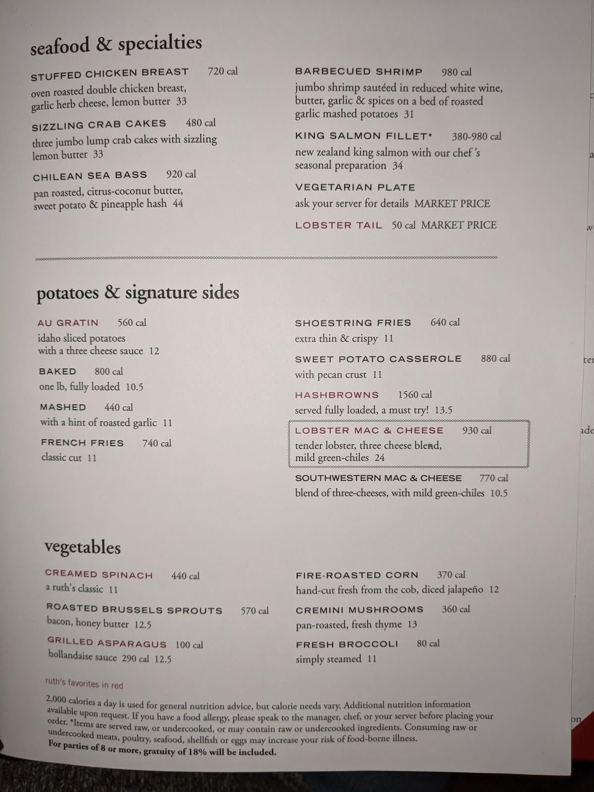 Menu at Ruth's Chris Steak House steakhouse, Rogers