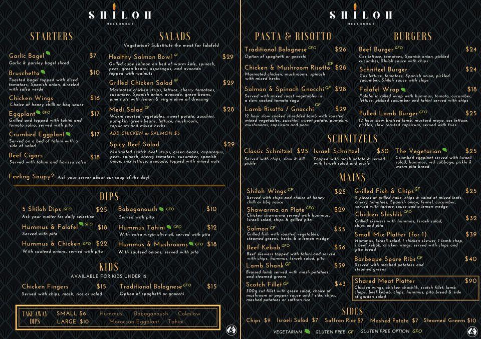 Menu at Shiloh Melbourne restaurant, Caulfield North